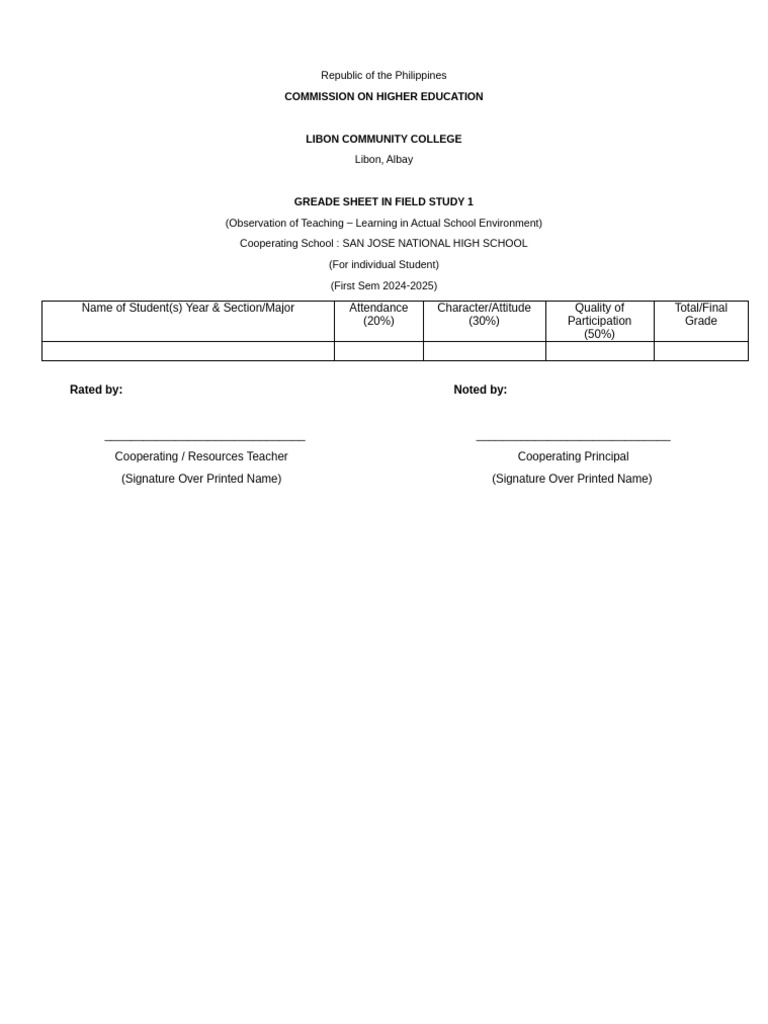 Grade Sheet in FS 1 | PDF