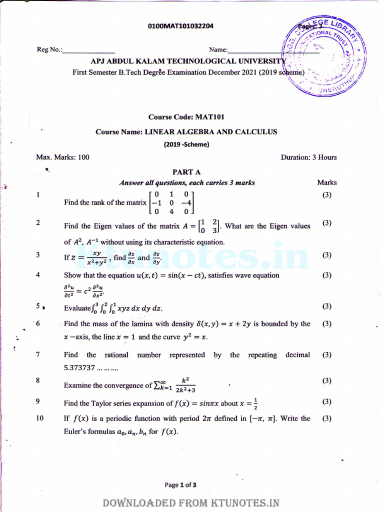 Mat101 Linear Algebra and Calculus, December 2021 | PDF | Matrix (Mathematics) | Eigenvalues And ...