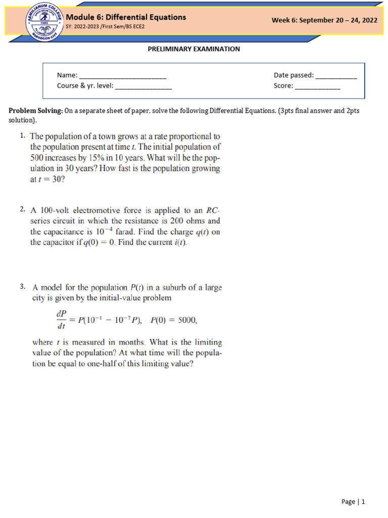 Differential Equations Prelim Exam Guide | PDF