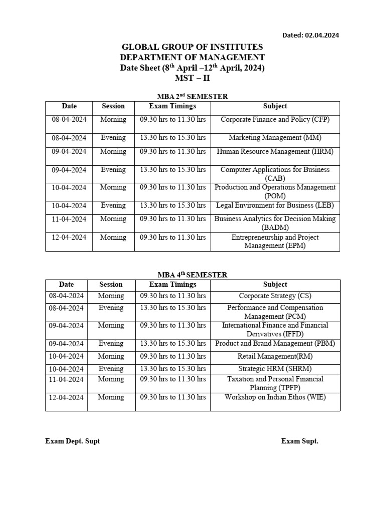 MST-2 Date Sheet MGT Deptt | PDF | Human Resource Management | Business ...