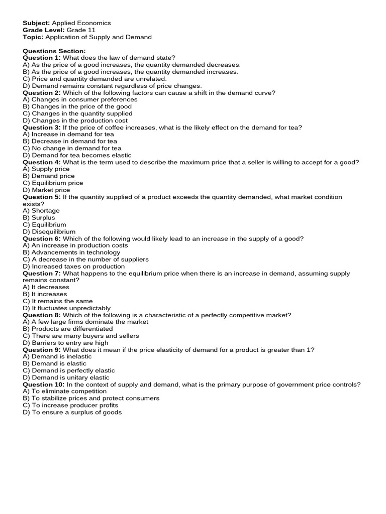 quiz_Application of Supply and Demand | PDF | Demand | Elasticity ...