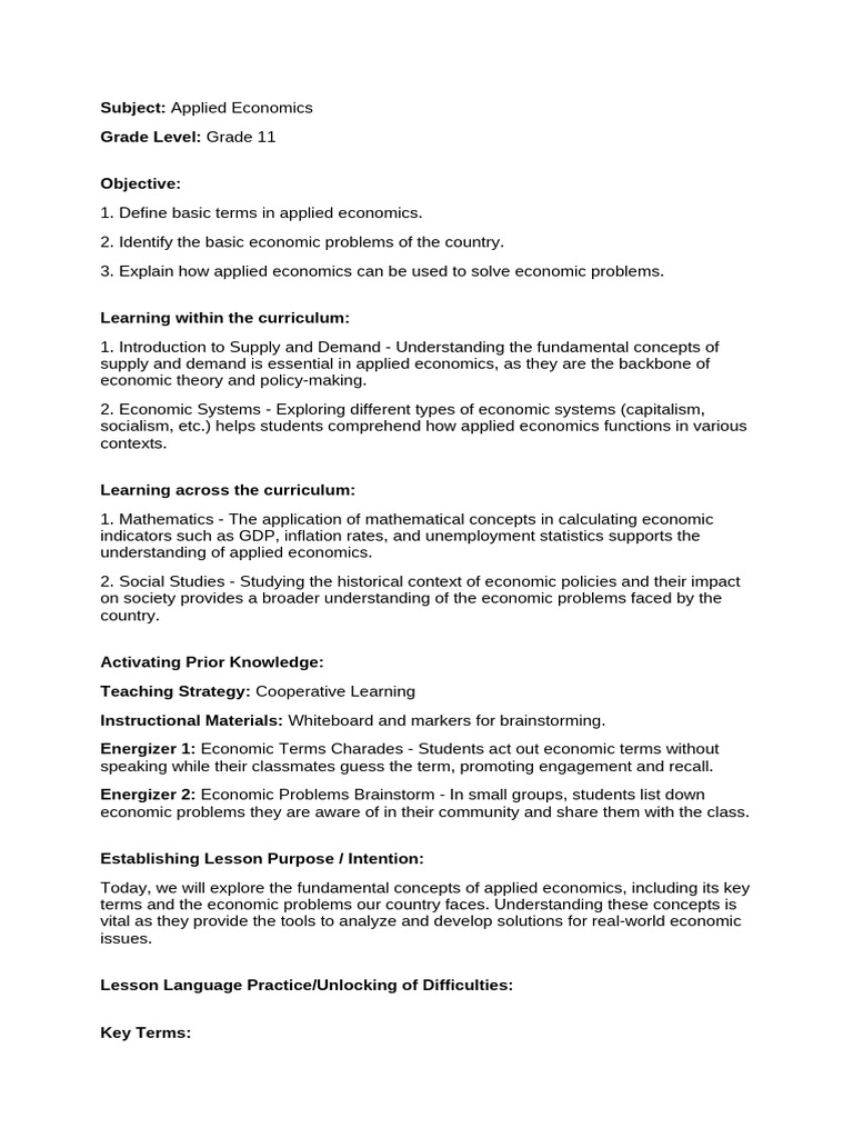Lesson - Plan Introduction To Applied Economics | PDF | Economics | Brainstorming