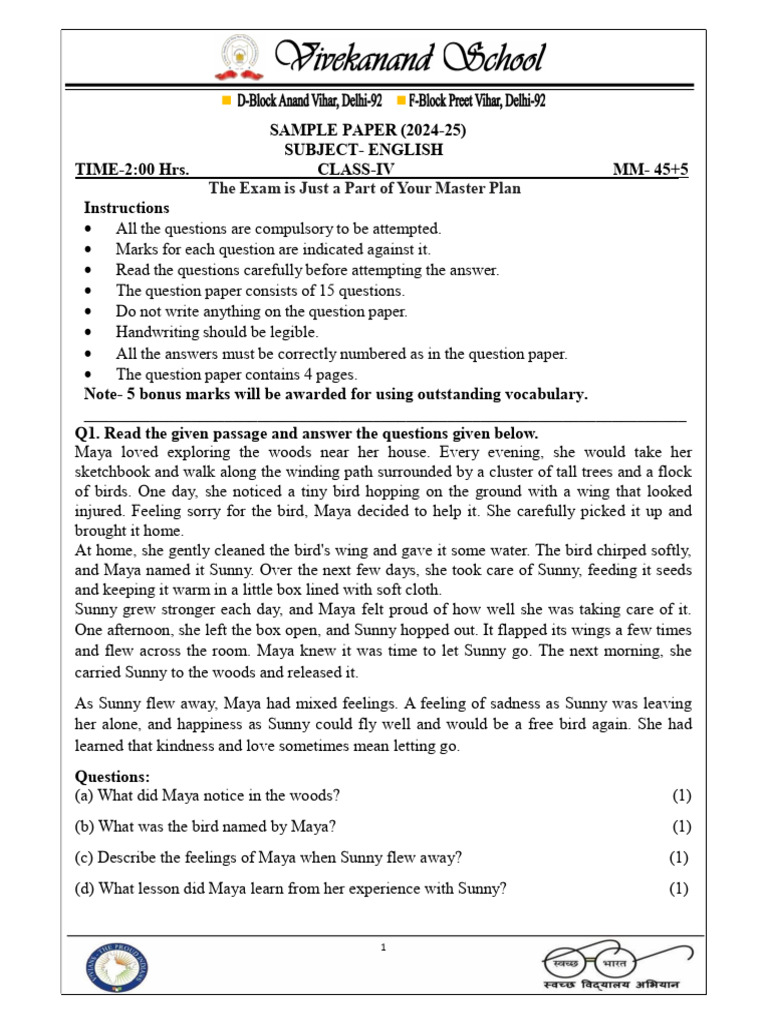 Class 4 Eng Sample Paper 25012025 154759 | PDF | Linguistics | Grammar