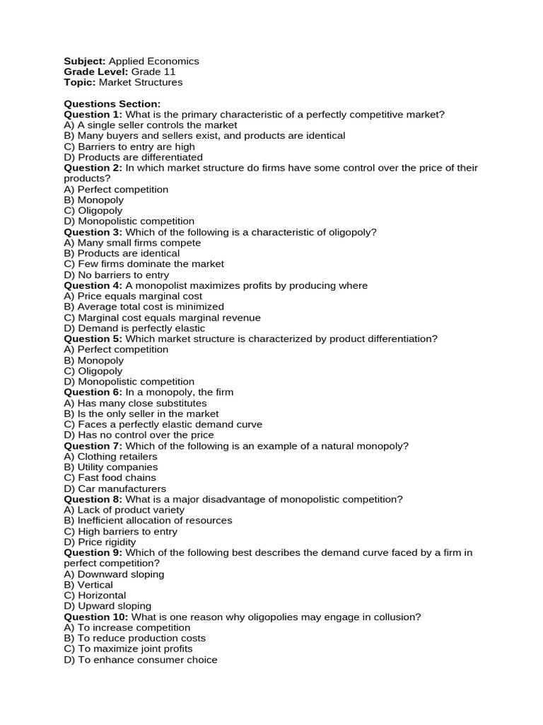 quiz_market structures | PDF | Monopoly | Perfect Competition