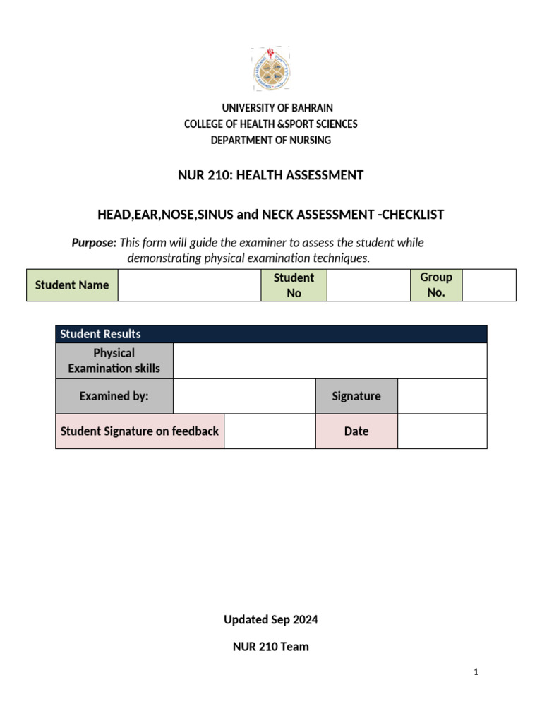 Head, Ear, Nose, Sinus and Neck Assessment - Checklist (2024-2025 ...