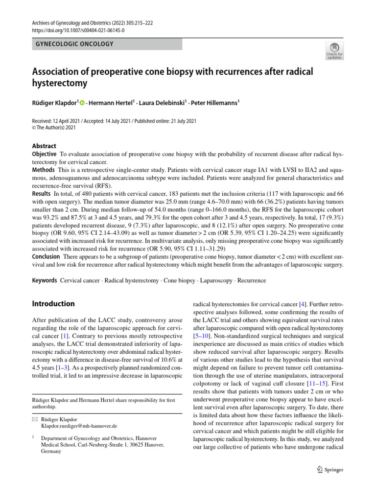 Association of Preoperative Cone Biopsy With Recurrences After Radical ...