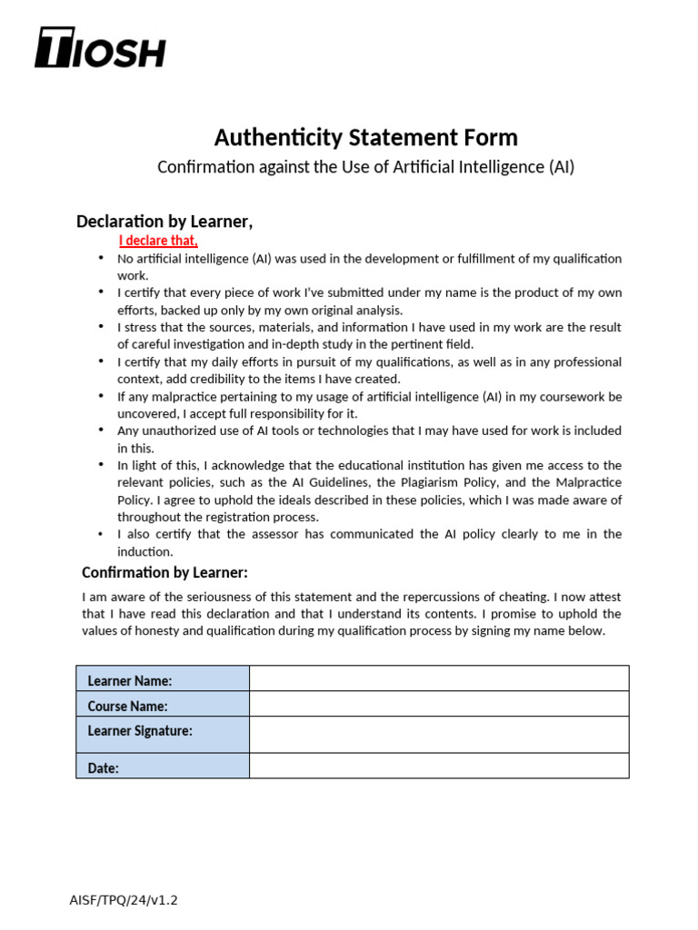 Authenticity Statement Form Against AI | PDF