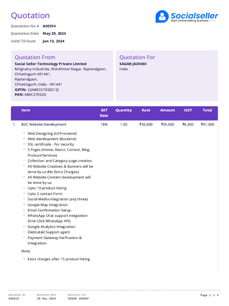 Quotation A00314 Social Seller Technology Private Limited | PDF | World ...