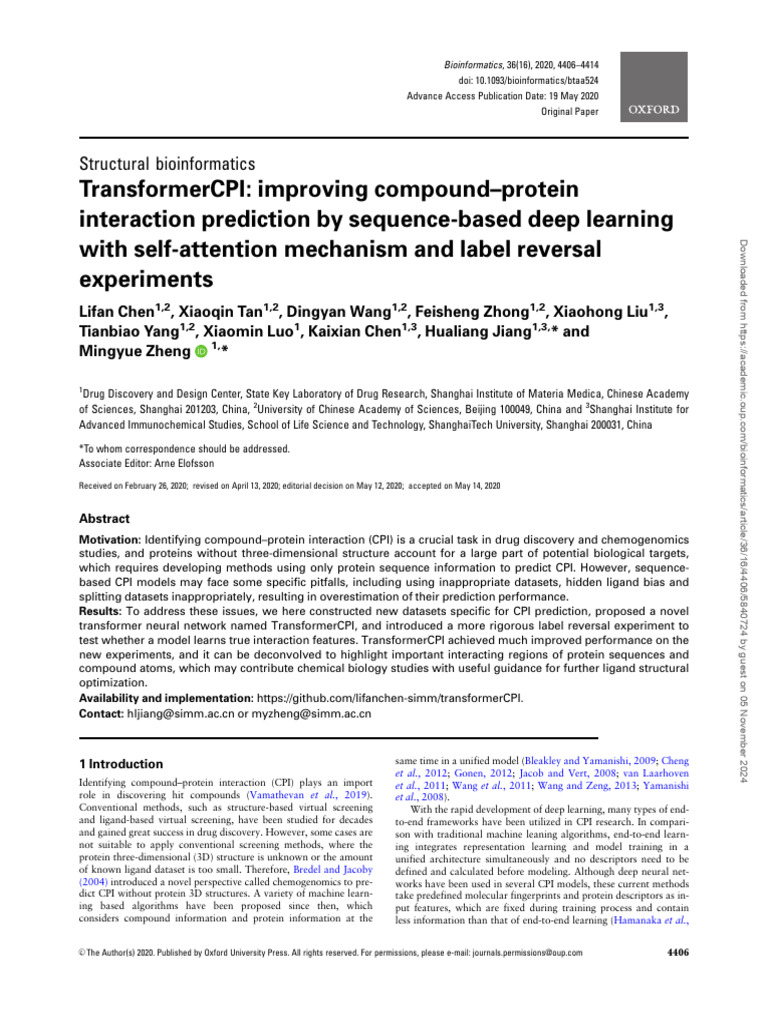 Bioinformatics 2020 MingyueZheng 0 TransformerCPI | PDF | Machine Learning | Applied Mathematics