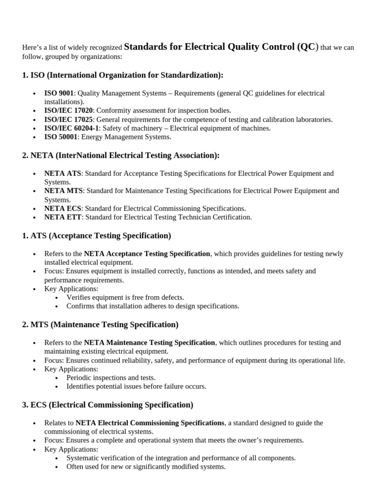 Standards For Electrical Quality Control (QC) | PDF | Reliability ...