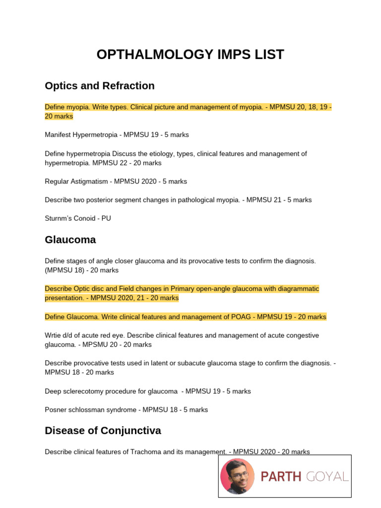 Optha Imp Chapterwise List | PDF | Cornea | Cataract