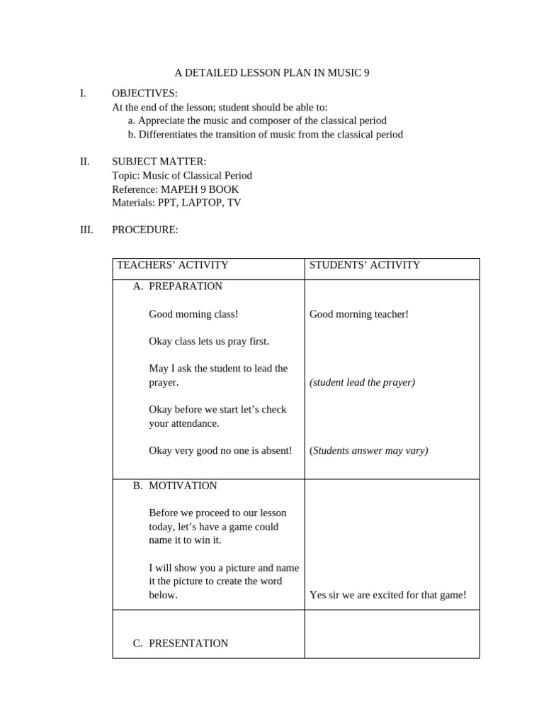 A Detailed Lesson Plan in Music 9 | PDF | Sonata | Tempo