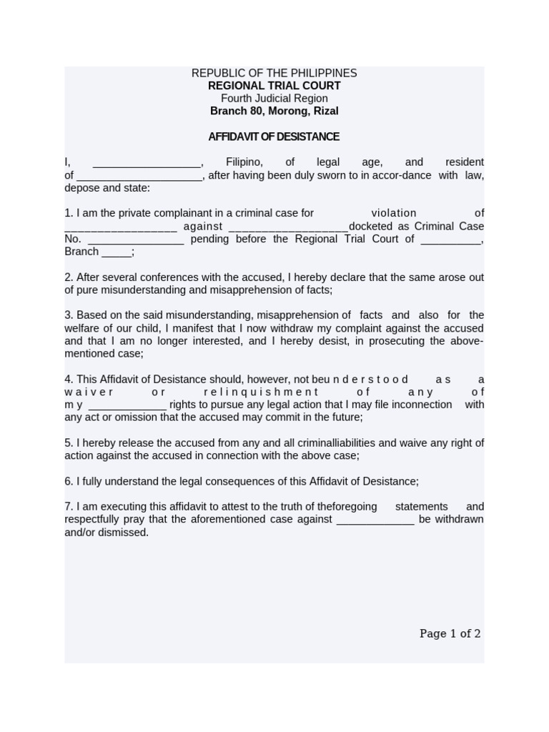 Affidavit of Disistance | PDF | Affidavit | Criminal Justice