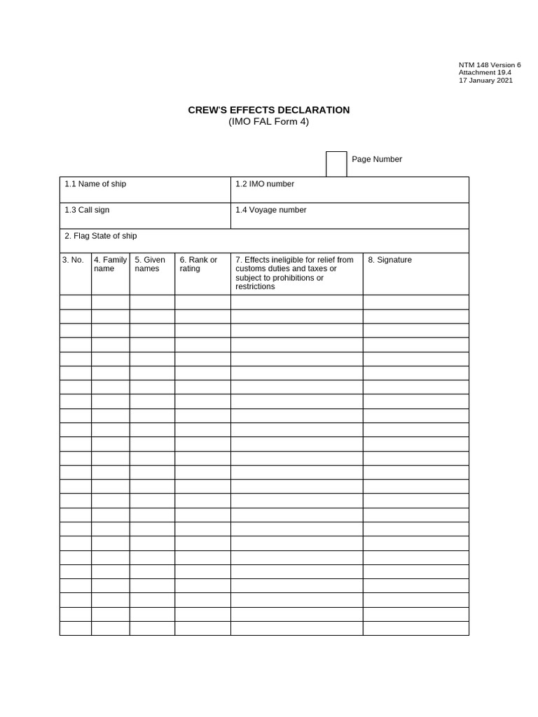 IMO FAL Form 4: Crew Effects Declaration | PDF