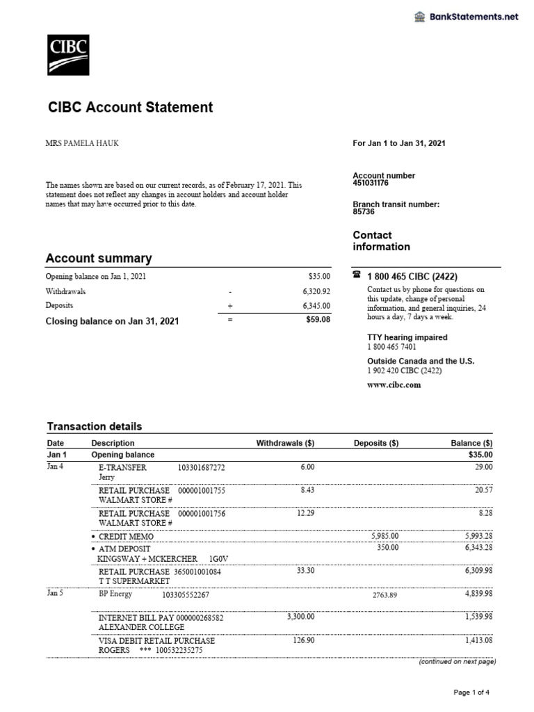 CIBC Bank Statement BankStatements Net | PDF | Debit Card | Visa Inc.