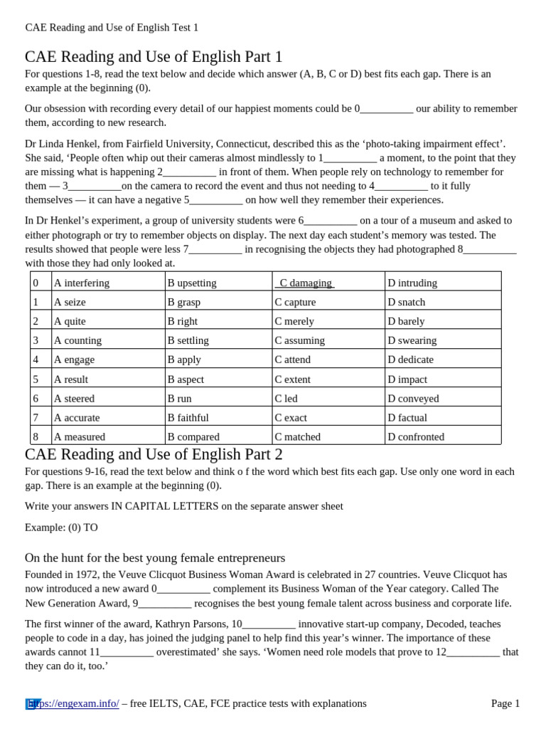 CAE Reading and Use of English Practice Test 1 Printable (2024 Edition ...