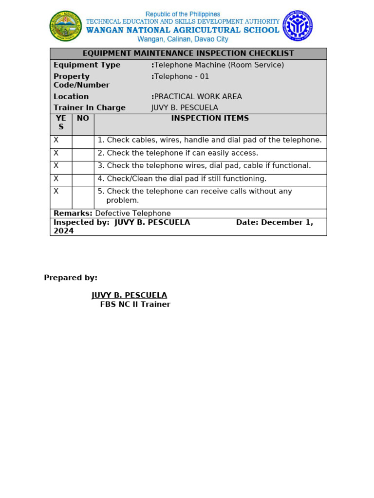 07 Equipment Maintenance Inspection Checklist | PDF