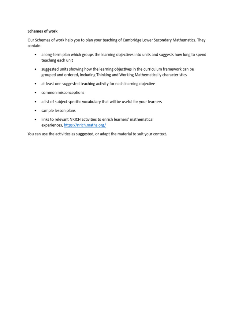 Schemes of Work | PDF