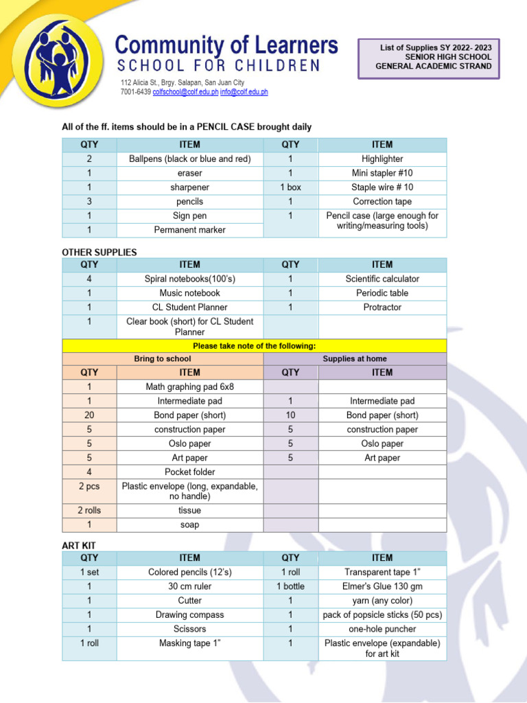 SHS GAS Supplies 2022 2023 | PDF
