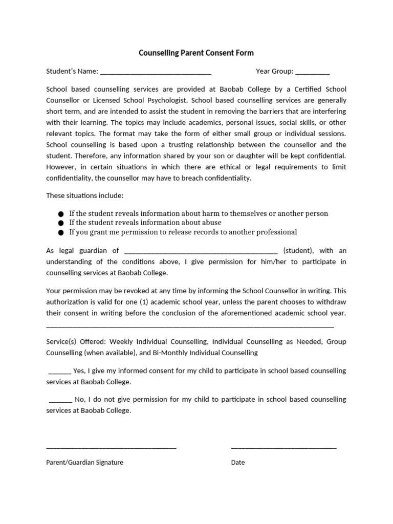 Counselling Parent Consent Form | PDF