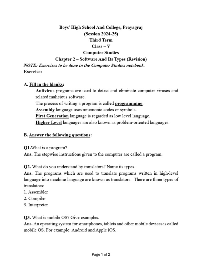 Cl.5 - Ch.2 - Software & Its Type (Revision) | PDF