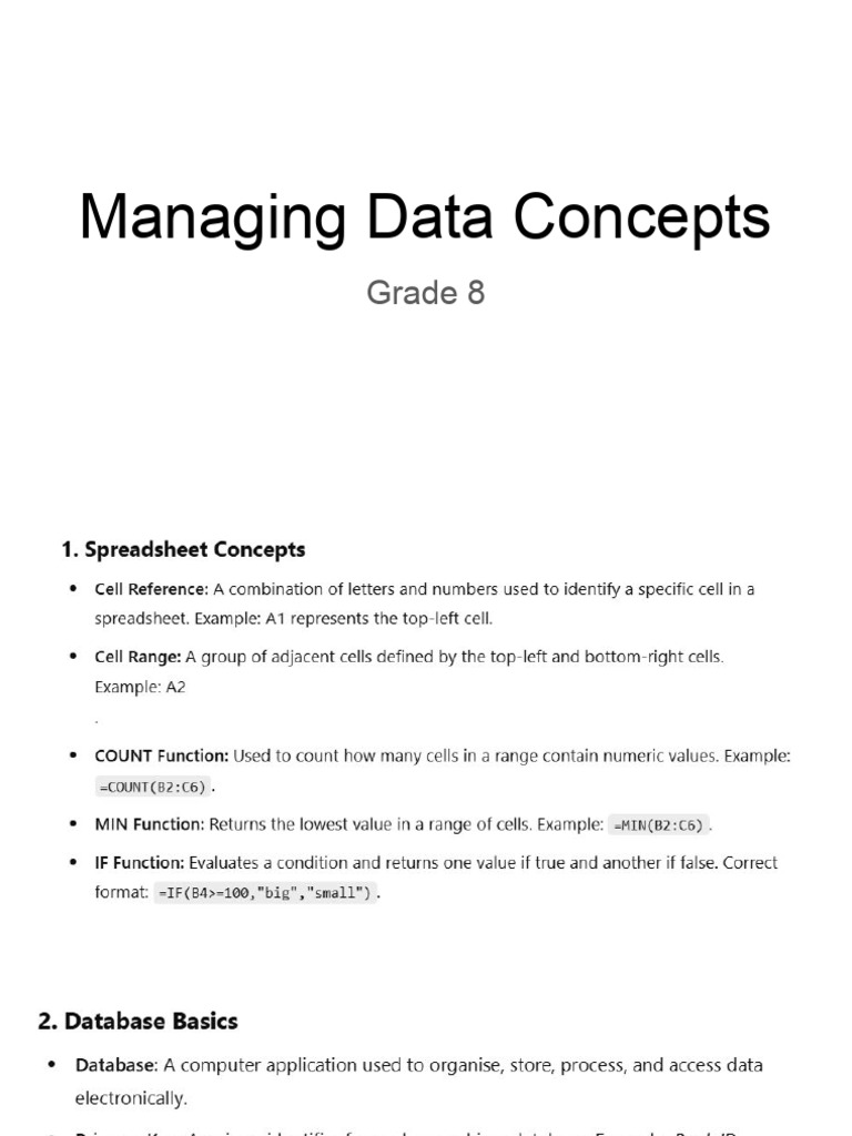 Managing Data Concepts - REvision Worksheet | PDF