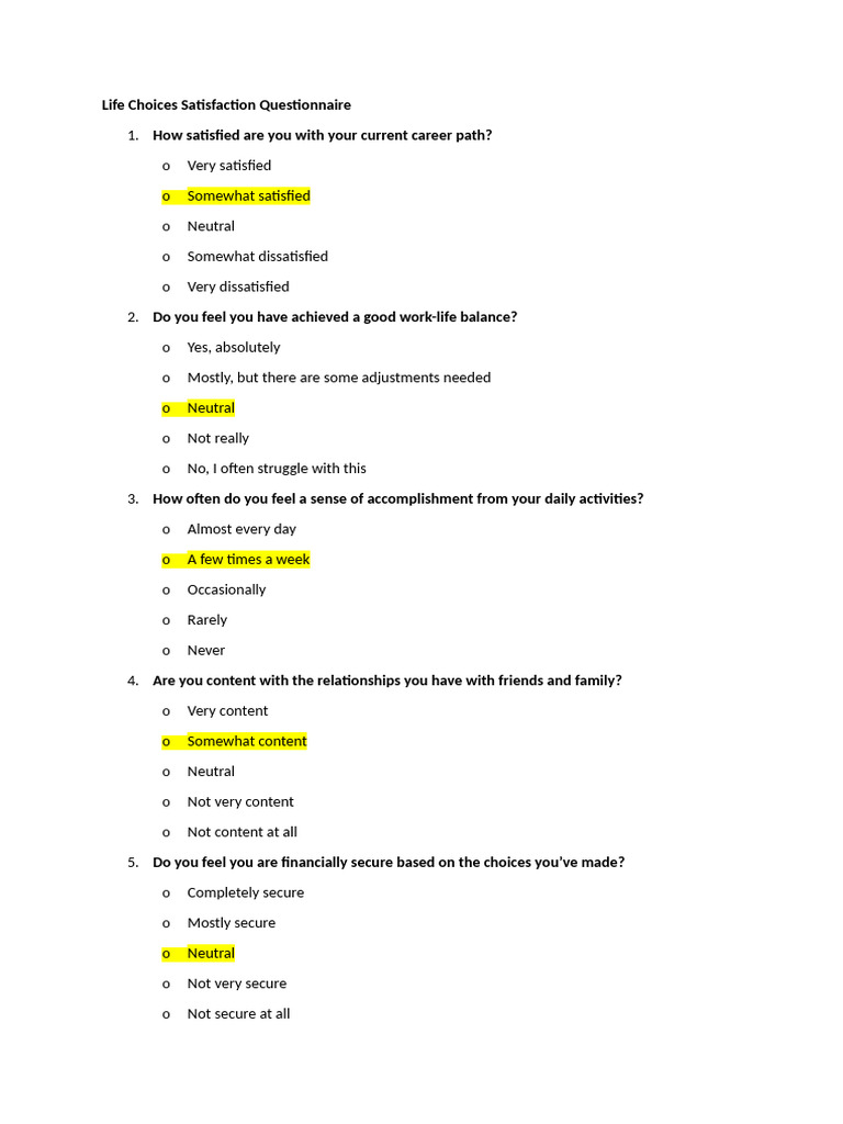 Life Choices Satisfaction Questionnaire | PDF | Social Psychology ...