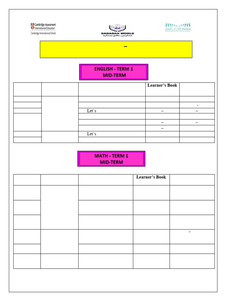 Grade 1 Syllabus Mid-term -Updated | PDF | Mathematics