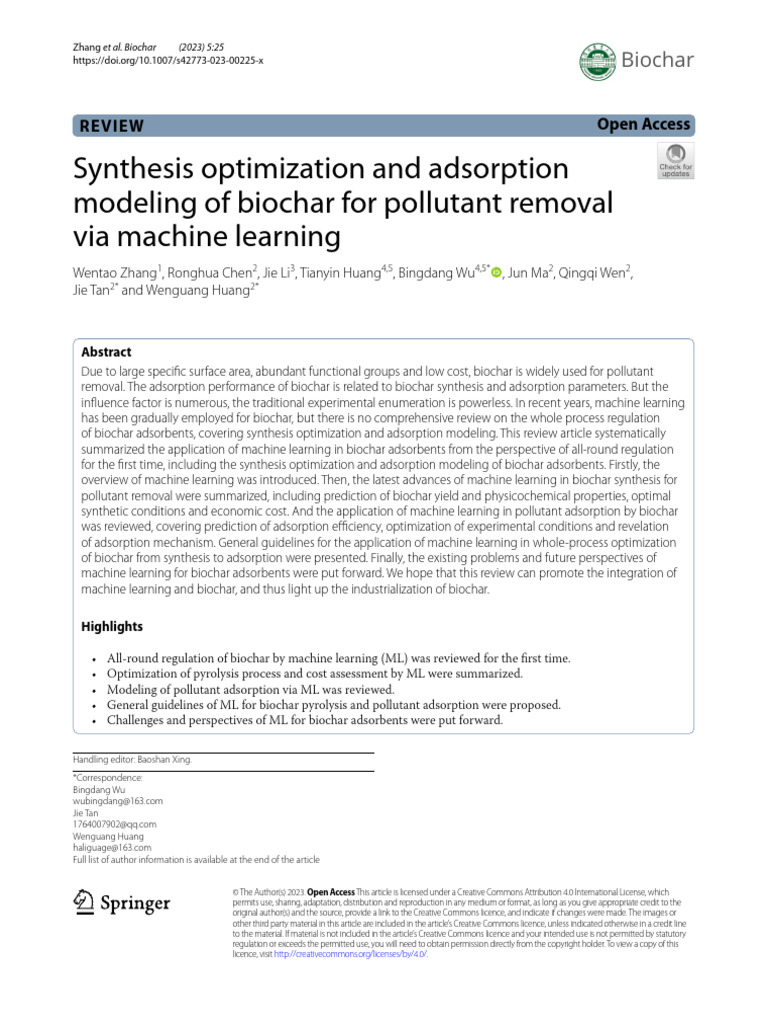 ynthesis optimization and adsorption modeling of biochar for pollutant removal via machine ...
