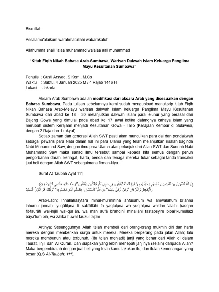 Kitab Fiqih Nikah Bahasa Arab-Sumbawa, Warisan Dakwah Islam Keluarga ...