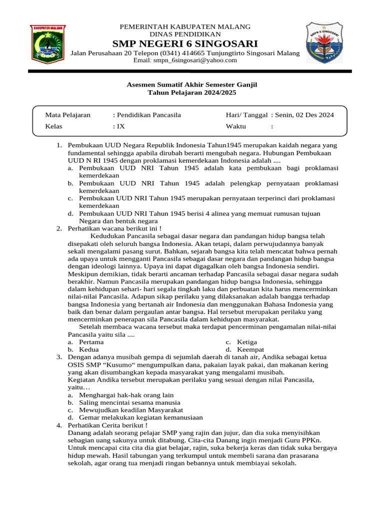 Soal ASAS PKN Kelas IX Ganjil 2024-2025 | PDF