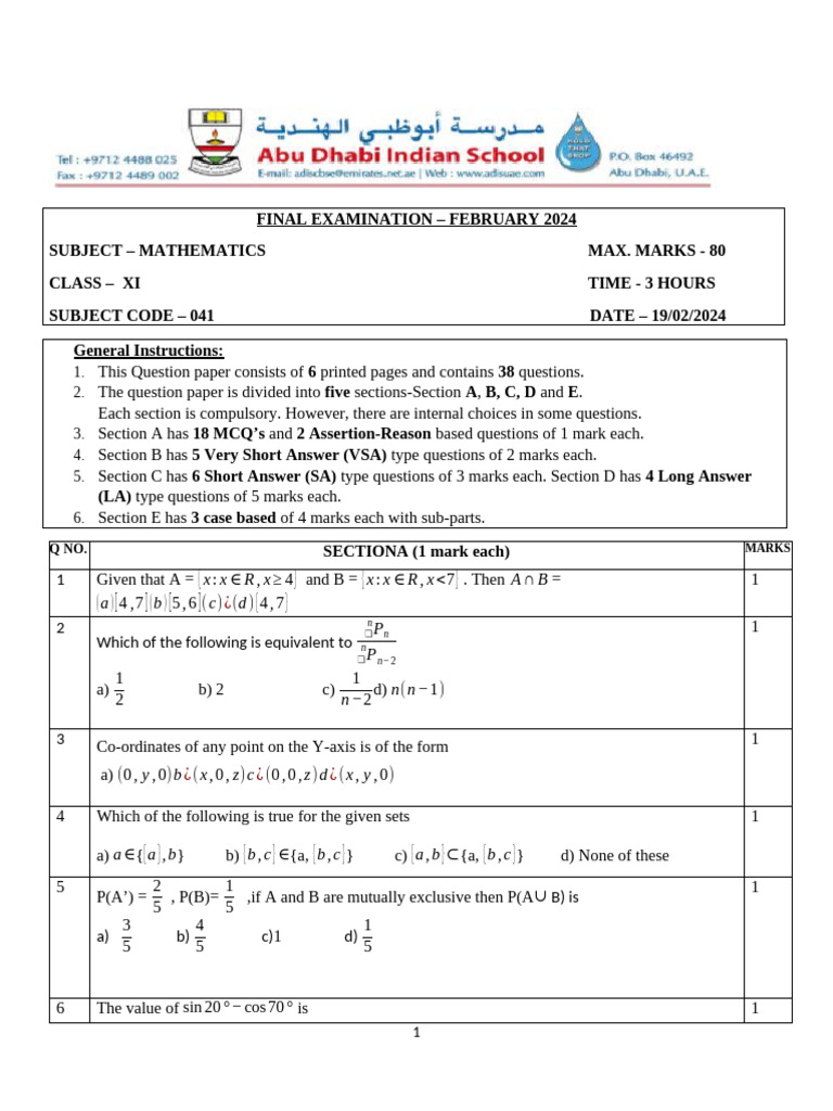 Class XI Mathematics Final Exam 2024 | PDF | Angle | Length