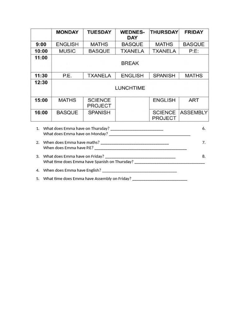 Review Grade 7 Unit 1 Semester 2 Timetable School Subject | PDF