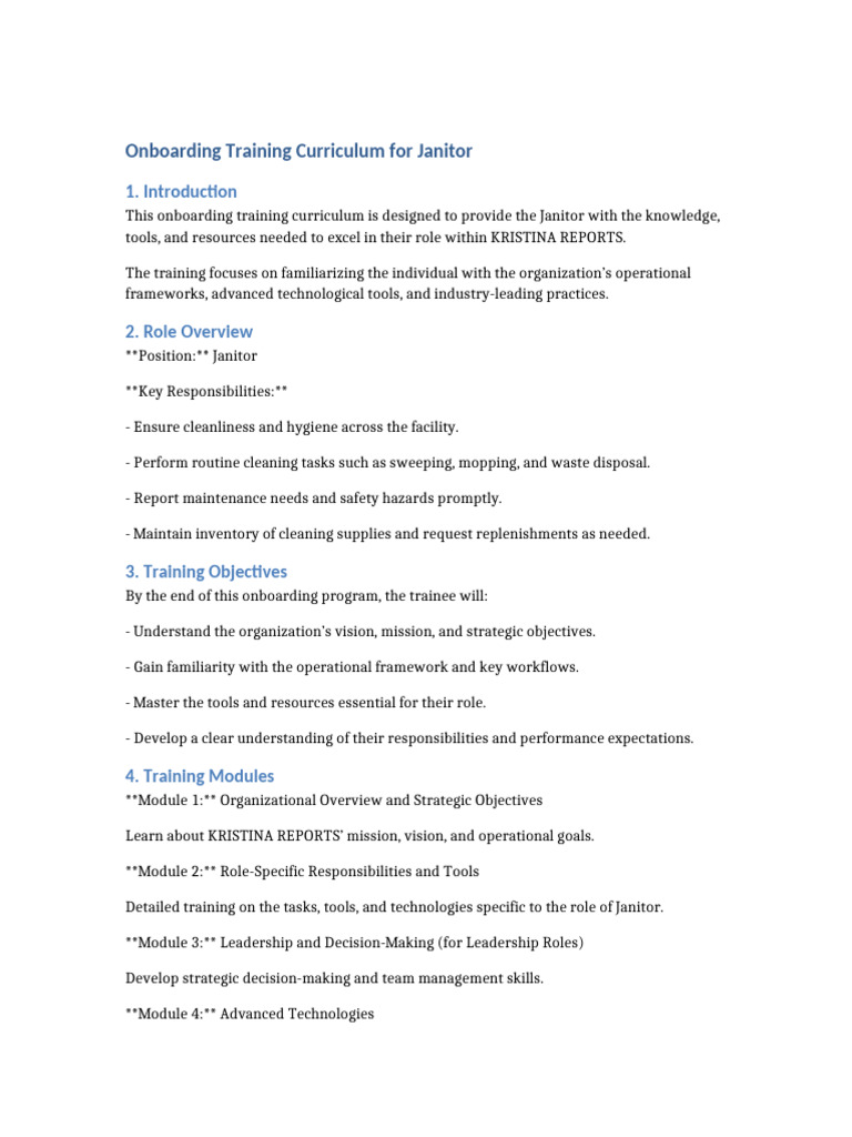 Janitor Onboarding Training Curriculum | PDF