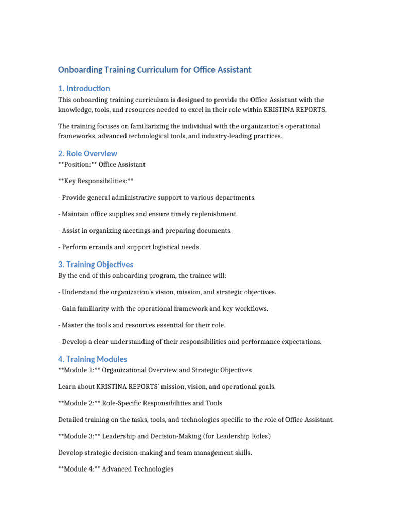 Onboarding Curriculum Office Assistant | PDF