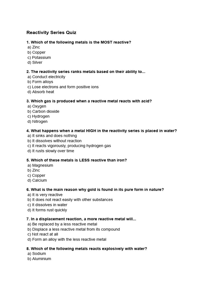 Reactivity Series Quiz for Metals | PDF
