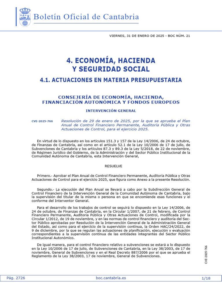 Plan de Control Financiero 2025 Cantabria | PDF | Auditoría | Otorgar ...