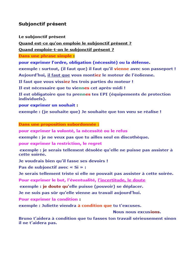 Le subjonctif présent -cours- | PDF | Complément d'objet | Mécanique du ...