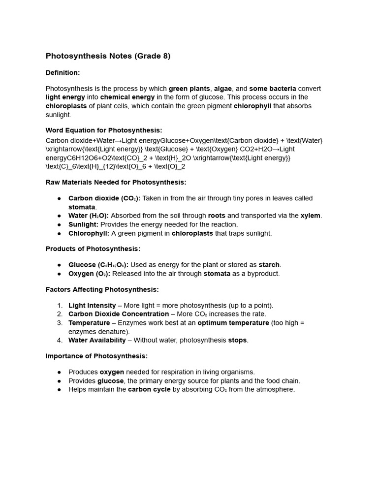Photosynthesis Notes (Grade 8) | PDF