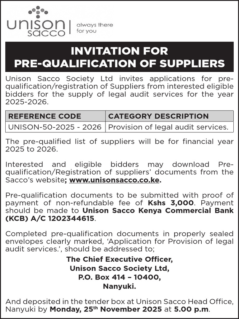 Unison Sacco Supplier Pre-Qualification 2025 | PDF