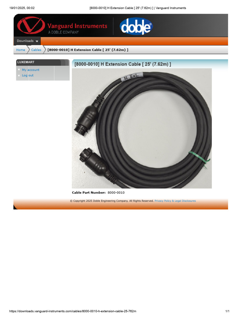 (8000-0010) H Extension Cable (25' (7.62m) ) - Vanguard Instruments | PDF
