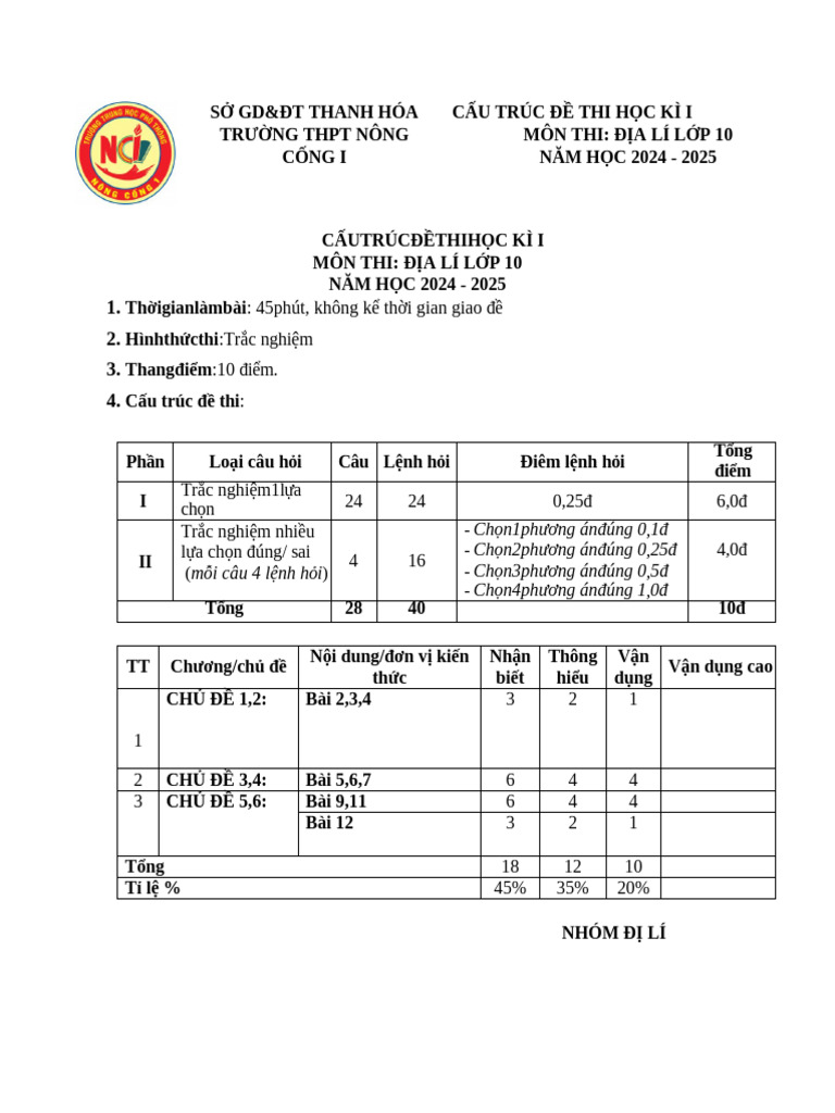 CẤU TRÚC ĐỊA 10 HK1 | PDF