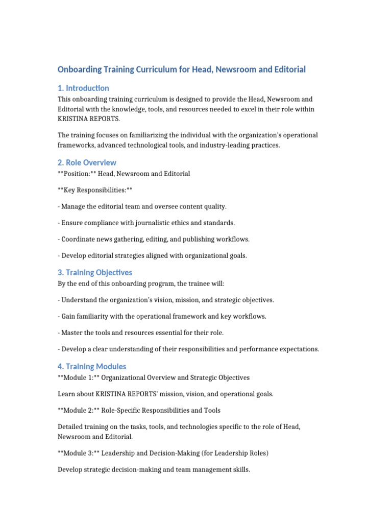 Onboarding for Head of Newsroom Role | PDF