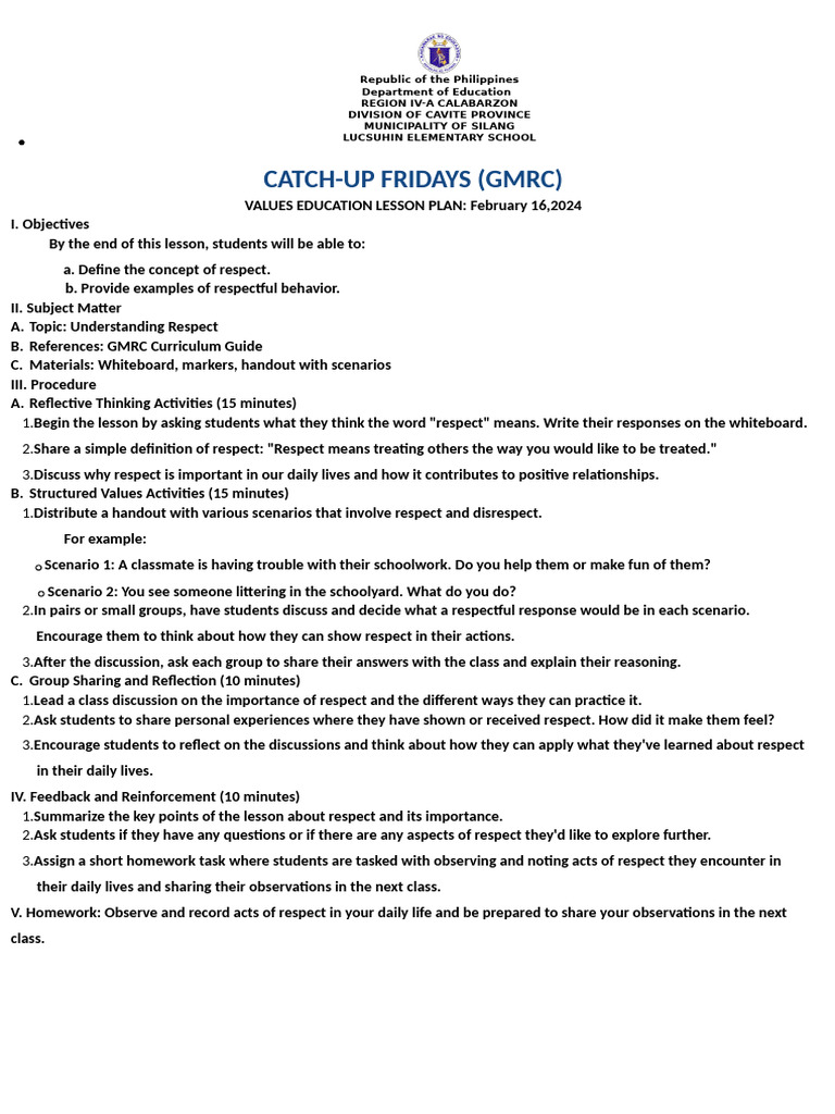 GMRC Values Education Lesson Plans for Grade 4 | PDF | Self Esteem ...
