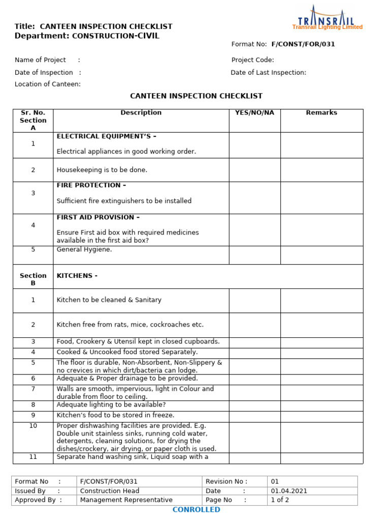 Canteen Inspection Checklist Guide | PDF | Kitchen | Home