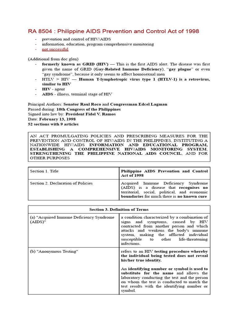 RA 8504 - Philippine AIDS Prevention and Control Act of 1998 | PDF ...