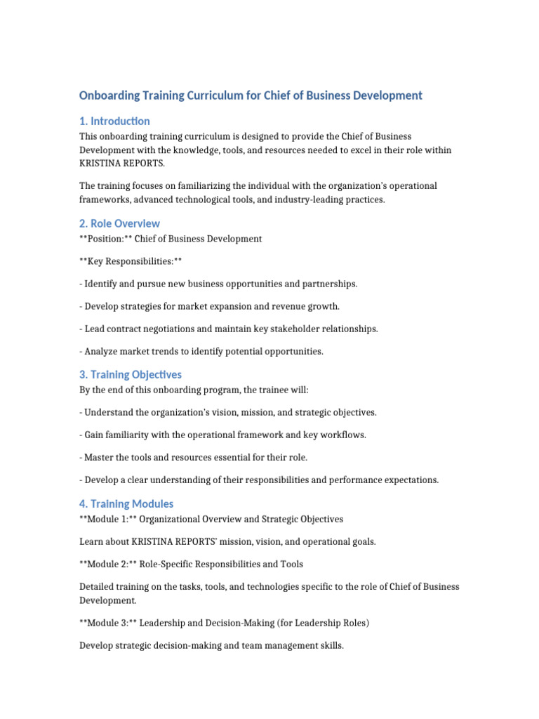 Chief of Business Development Onboarding | PDF