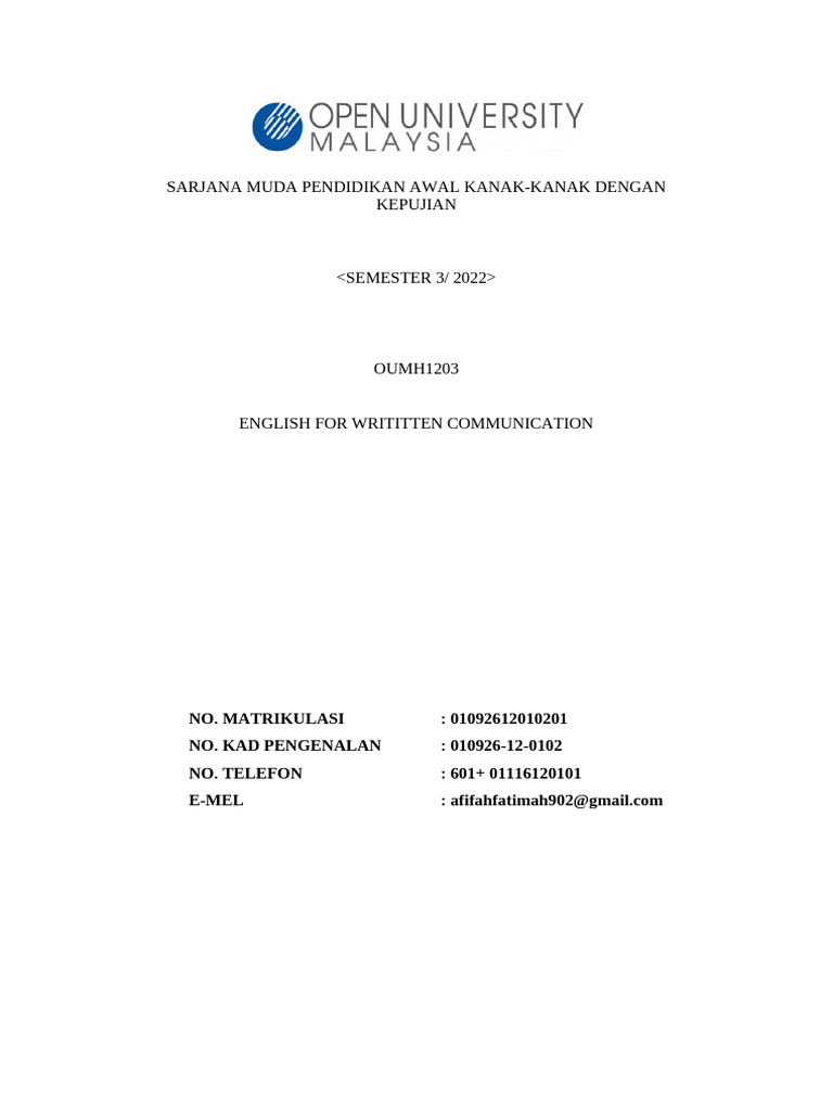 Assighnment Eng For Wrtten Com (Oumh1203) Fatimah A'fifah Binti Mohammad Sarah | PDF | Preschool ...