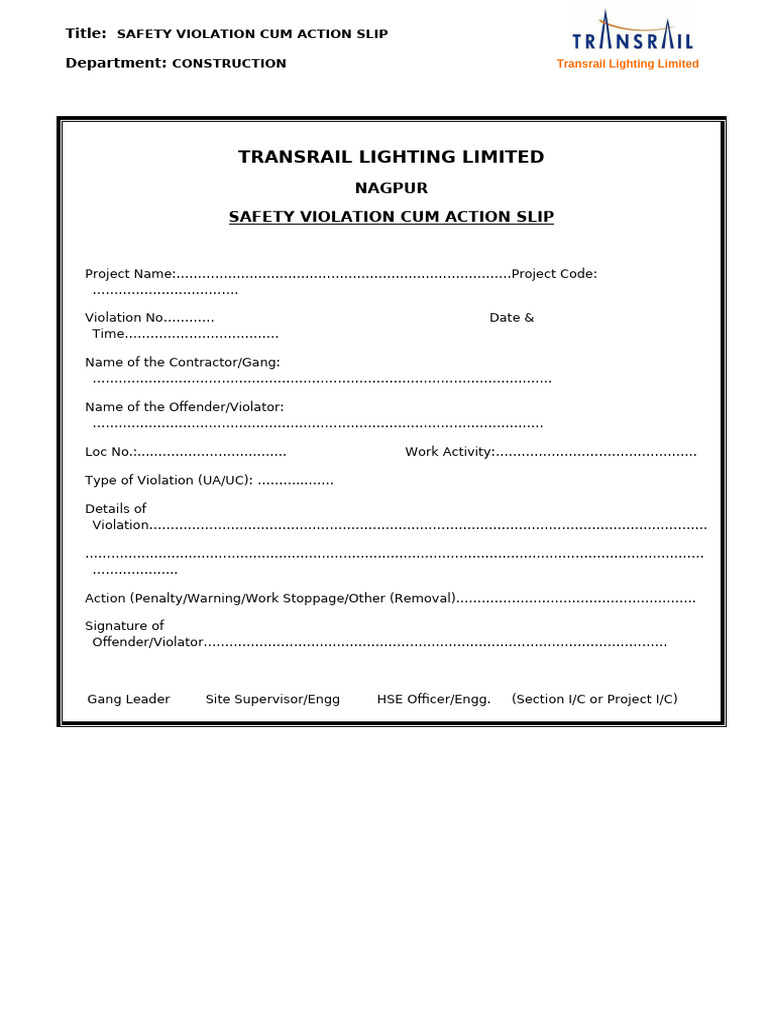 Safety Violation Cum Action Slip | PDF