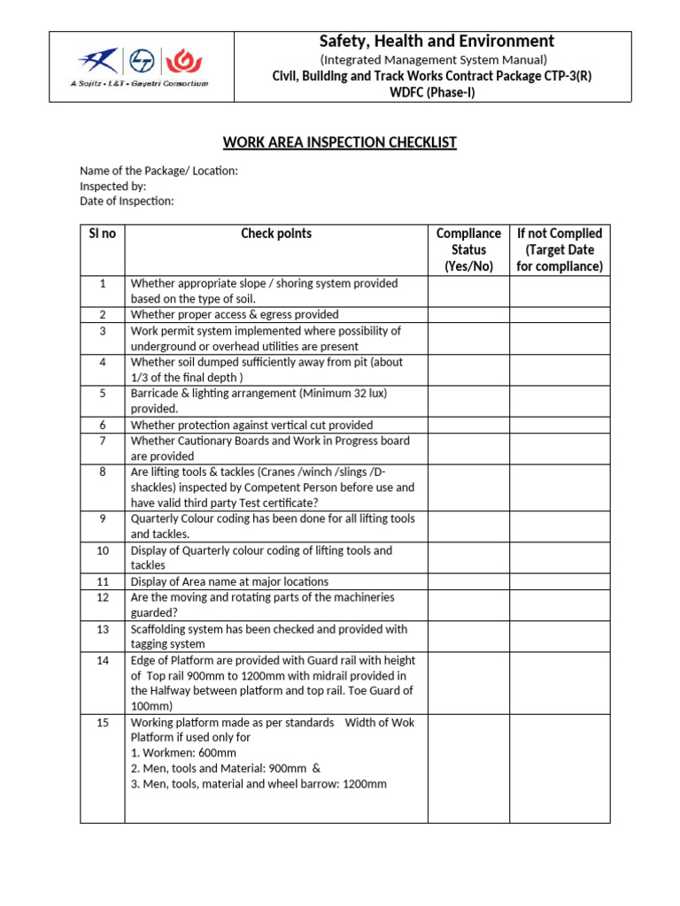 Work Area Inspection Checklist | PDF | Waste | Vehicles